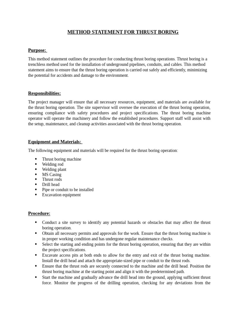 METHOD STATEMENT FOR THRUST BORING | PDF