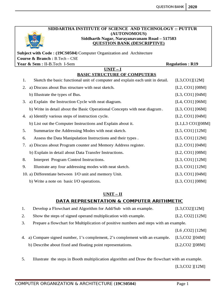 COA Question Bank - Unit - I, II, III (12-12-20) | PDF