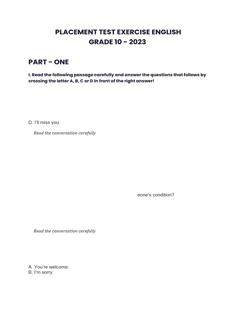 ENGLISH PLACEMENT TEST - Grade 10 (Part 1) | PDF