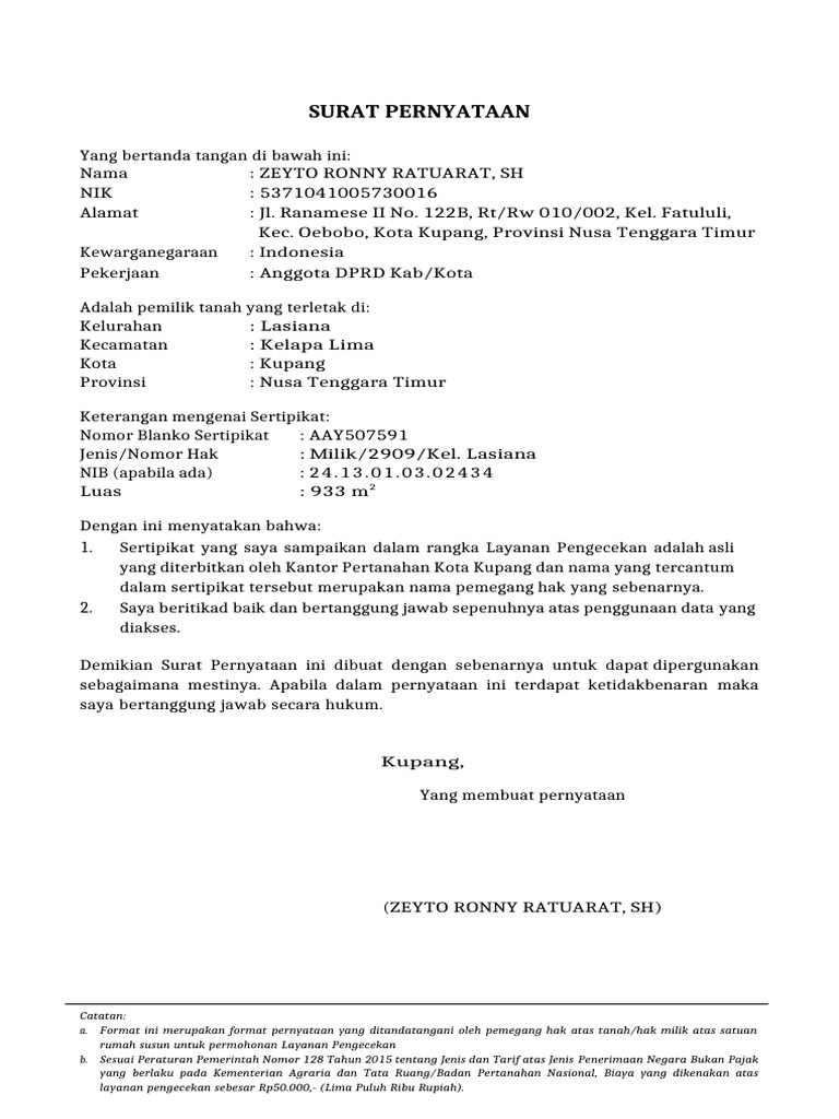 Surat Pernyataan BPN | PDF