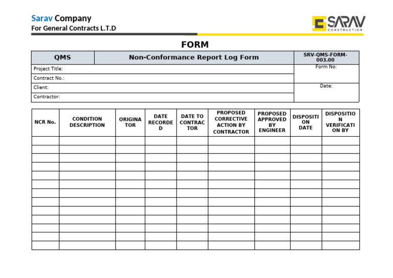 SRV-QMS-FORM-003.00-Non-Conformance Report Log Form | PDF