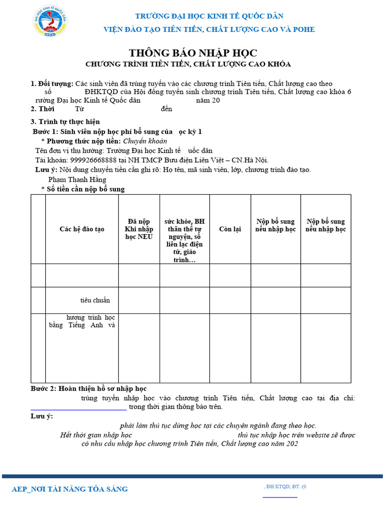 Thong Bao Nhap Hoc TTCLC K65 1 | PDF