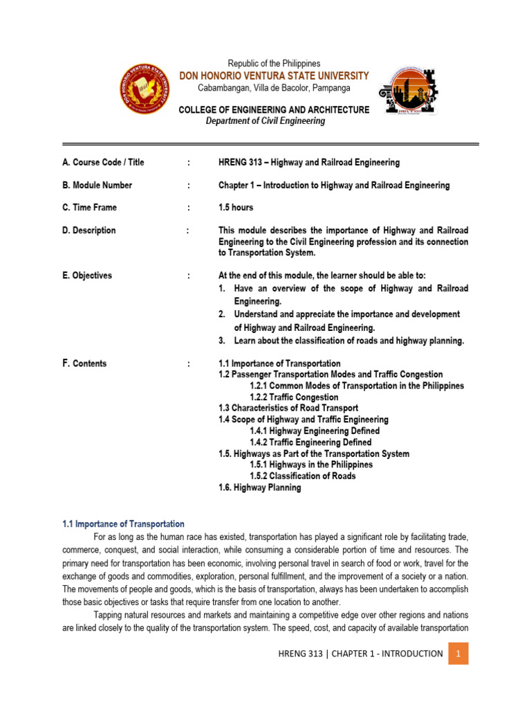 HRENG 313 2024 Chapter 1 Introduction To Highway and Railroad Engineering 1 | PDF