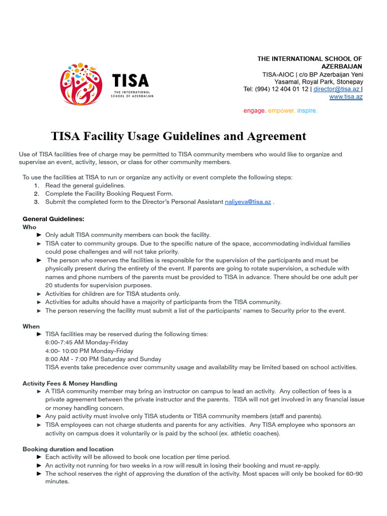 TISA Facility Bookings Guidelines and Agreement 2023-24 | PDF