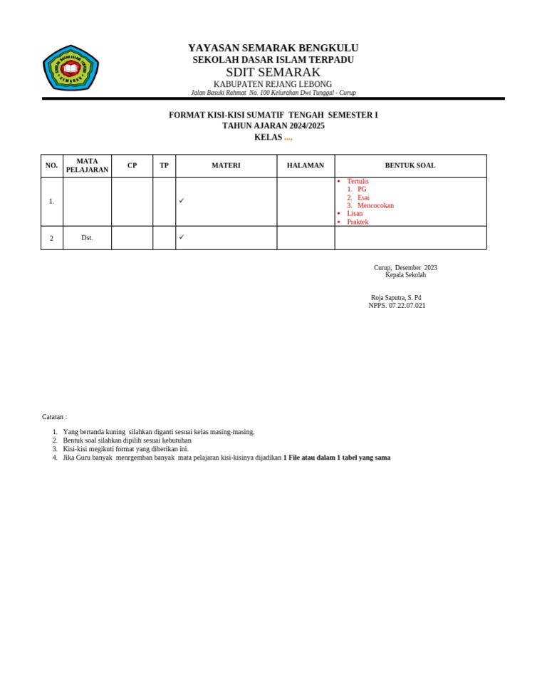 Format Kisi-Kisi STS Semester 1 2024-2025 | PDF