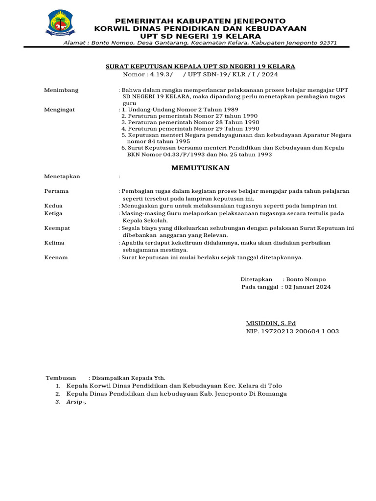 SK Pembagian Tugas Semester Genap 2024 | PDF