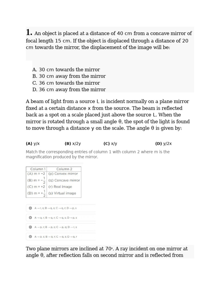 Physics Problems on Mirrors and Refraction | PDF | Mirror | Refraction
