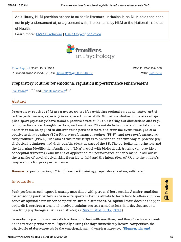 Preparatory Routines For Emotional Regulation in Performance Enhancement - PMC | PDF