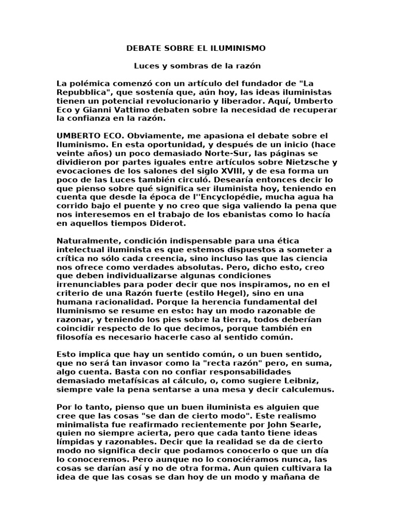 DEBATE SOBRE EL ILUMINISMO (Vattimo - Eco) | PDF
