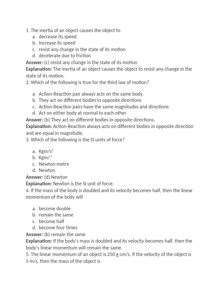 Force and Laws of Motion MCQs | PDF