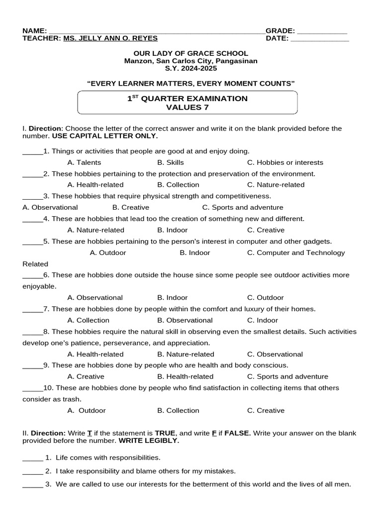 Values 7 1st Quarter Examination | PDF