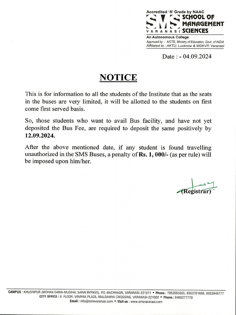 NOTICE - Bus Fees | PDF