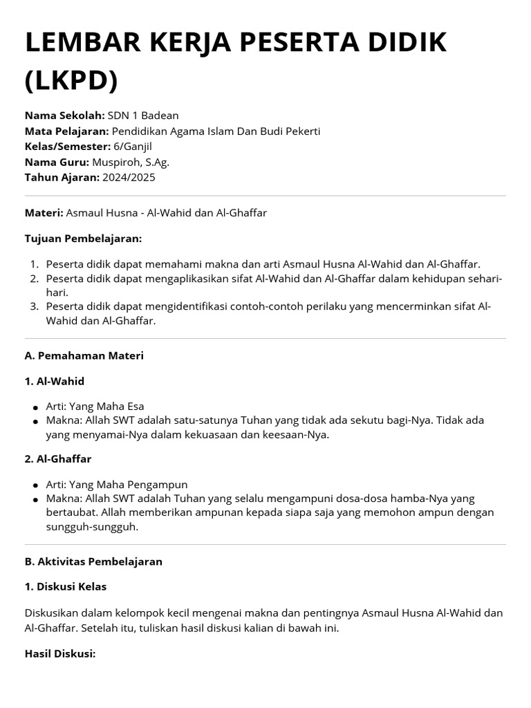 Lembar Kerja Peserta Didik (LKPD) | PDF