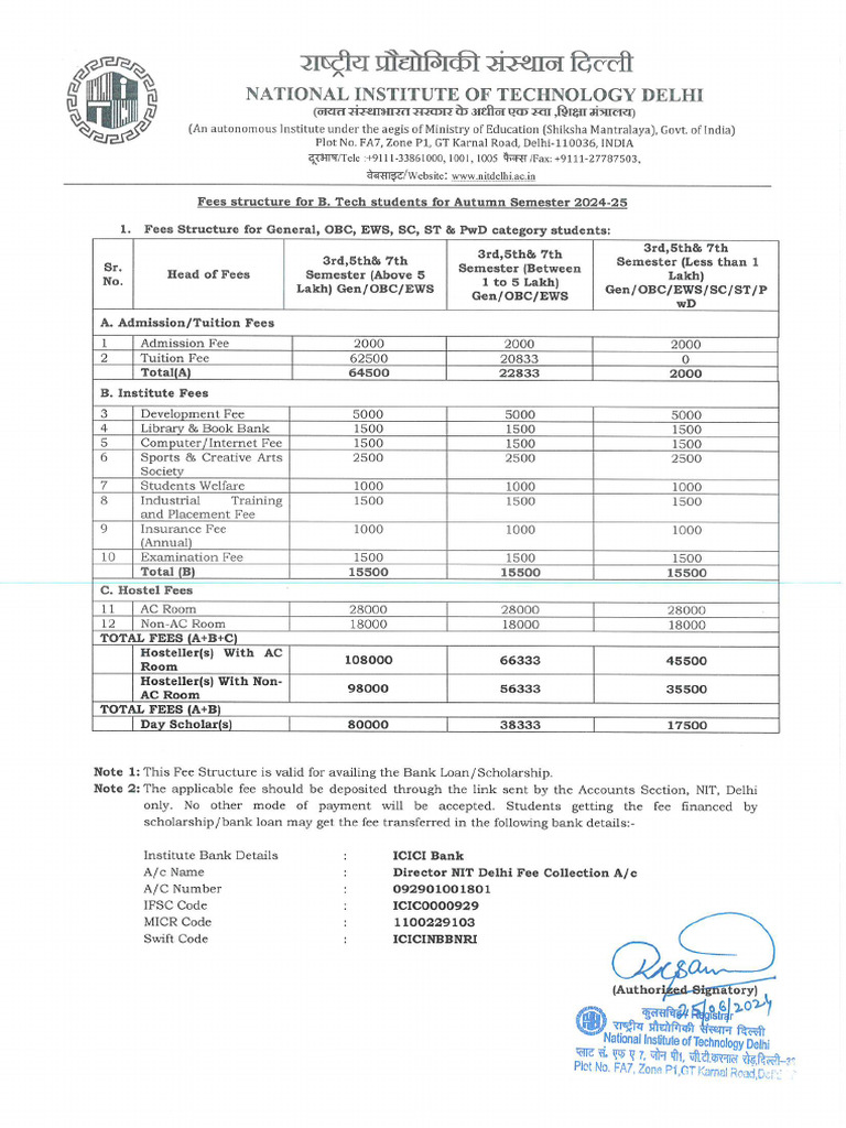 Fees Structure for B. Tech Students for Autumn Semester 2024-25-3rd 5th and 7th Semester | PDF