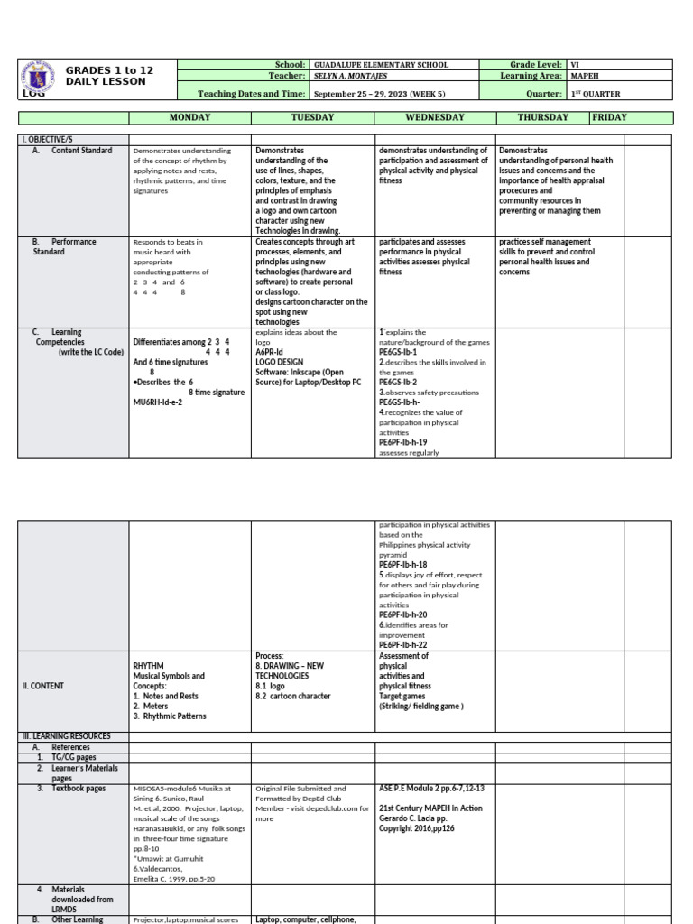 DLL - MAPEH 6 - Q1 - W5 Ok | PDF