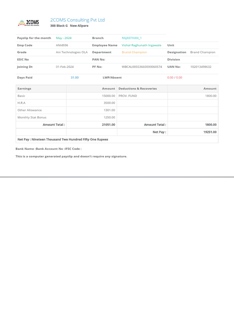 Vishal Salary Slip | PDF