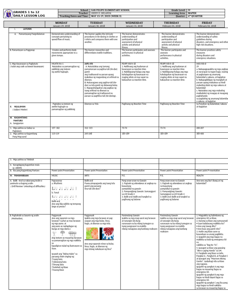 DLL - Mapeh 4 - Q4 - W3 | PDF