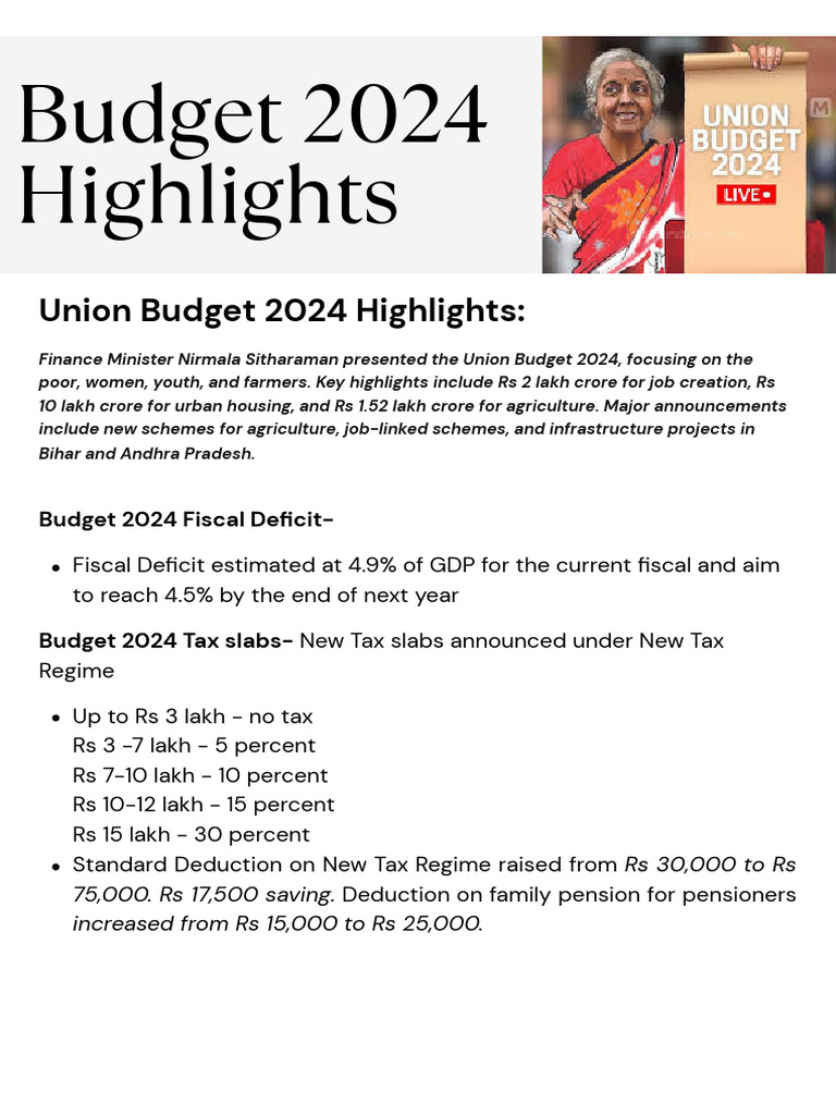 Union Budget 2024 Key Highlights | PDF | Employment | Taxes