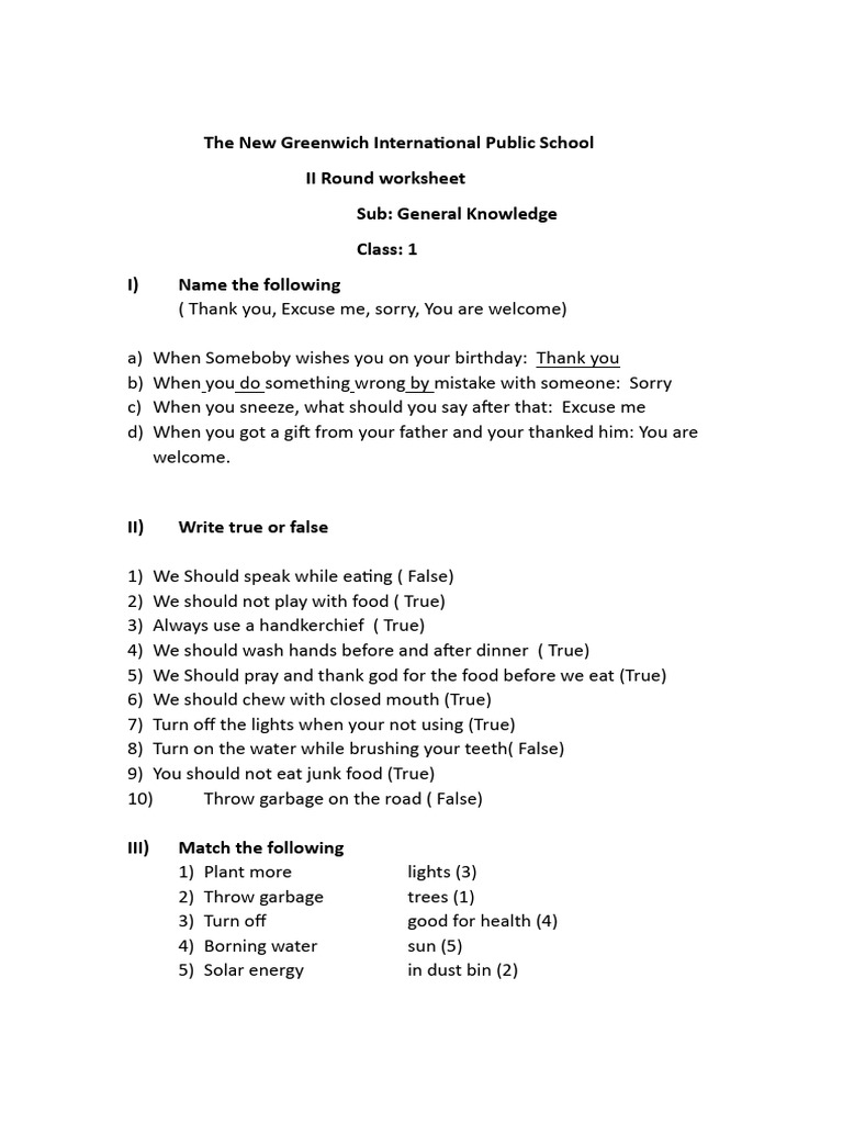 Class 1 General Knowledge Worksheet | PDF