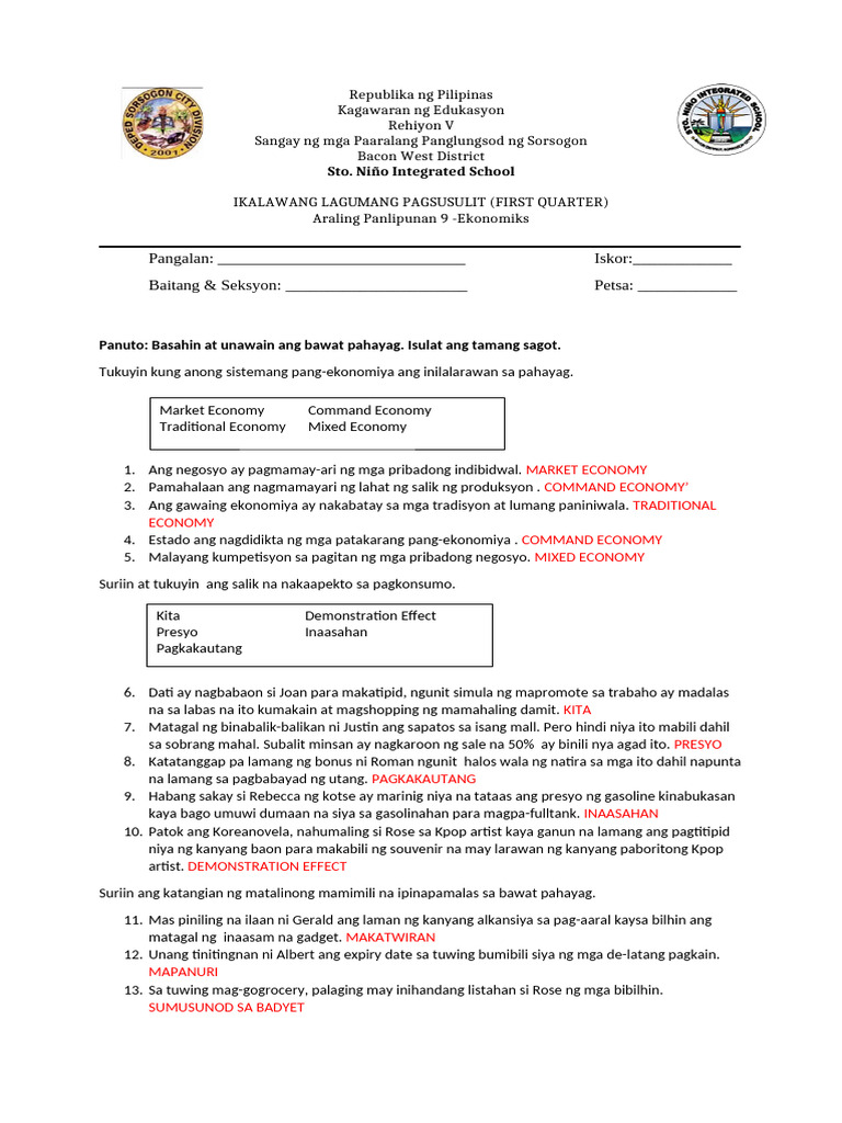 First Quarter 2nd Lagumang Pagsusulit Sa AP 9 2019-20 | PDF