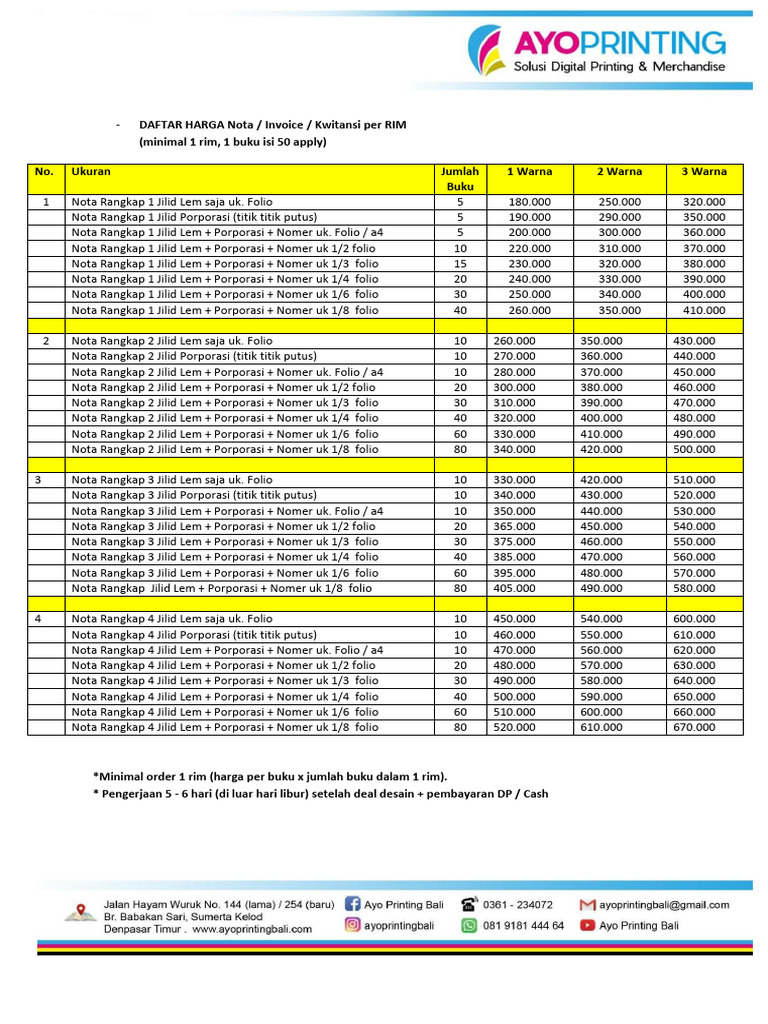 DAFTAR HARGA Nota INVOICE KUITANSI TANDA TERIMA PER RIM DI AYO PRINTING ...