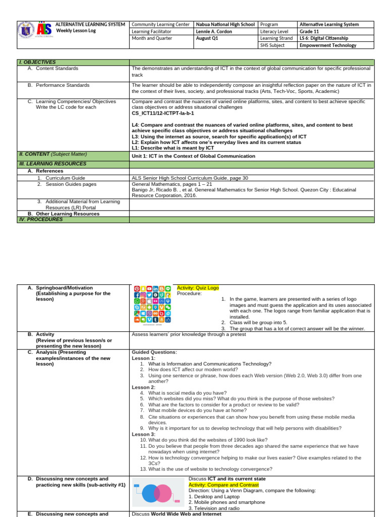 ALS DLP Empowerment Technology LESSON 1 | PDF | Educational Technology ...
