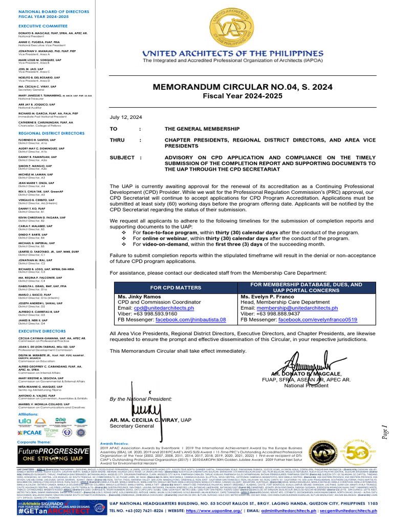 Memo Circular No.04 Advisory On CPD Application and Compliance On The Timely Submission of The ...