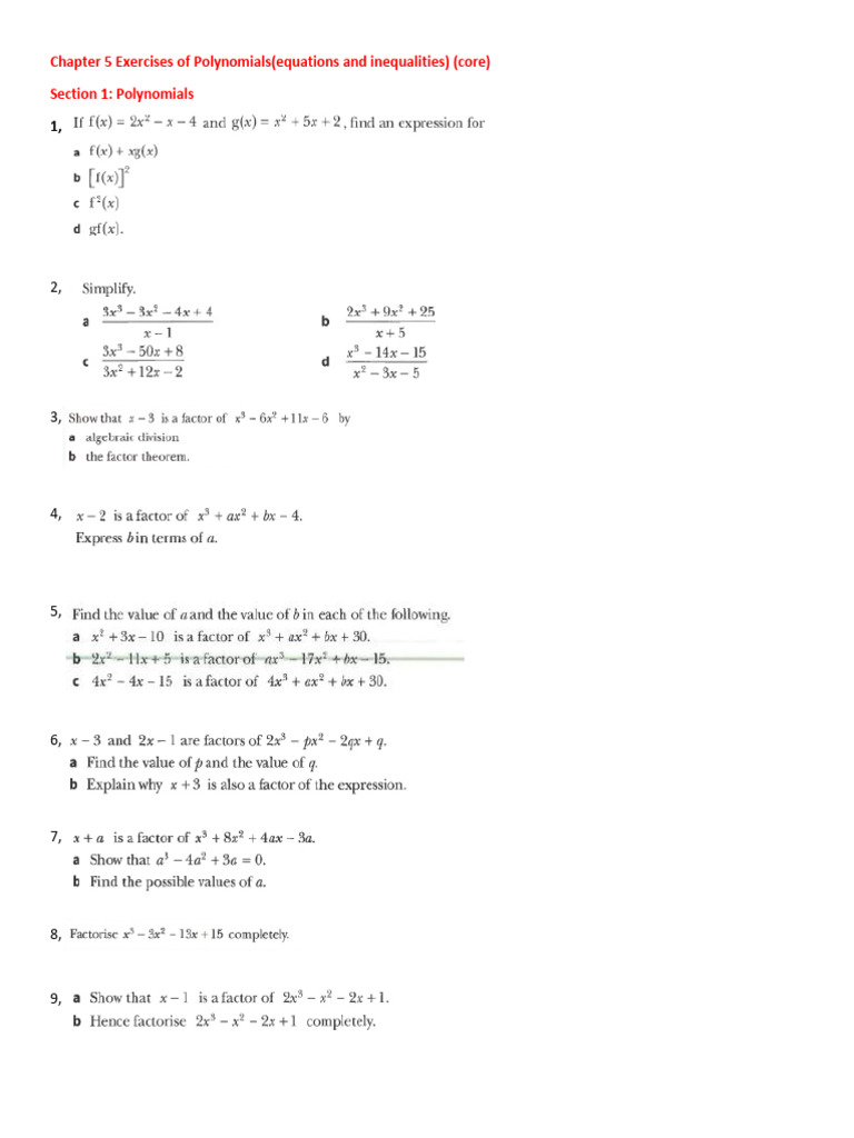 Chapter 5 Exercises of Polynomials (Equations, Inequalities) (Core) | PDF