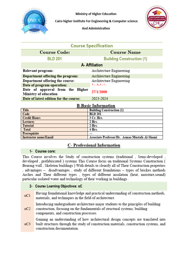 BLD201 - Building Construction (1) | PDF