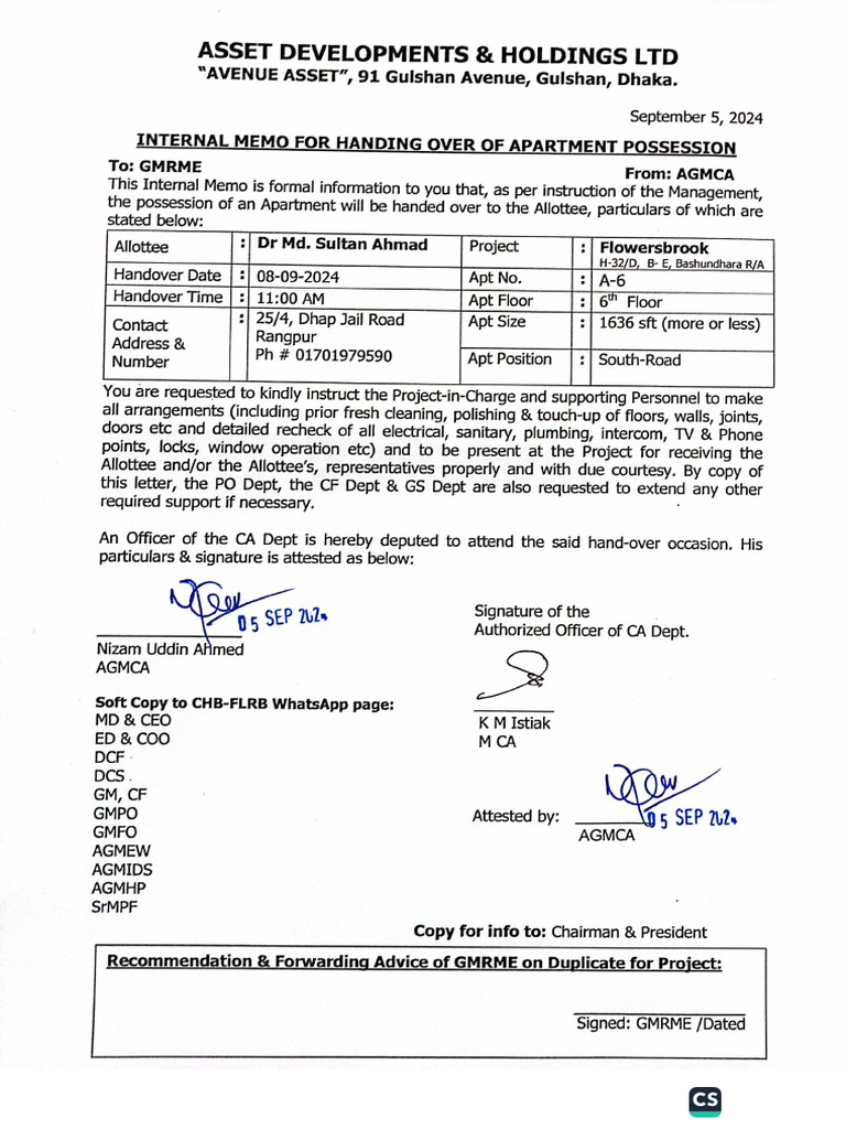 Internal Memo For Apartment Handover of FLRB A-6 | PDF