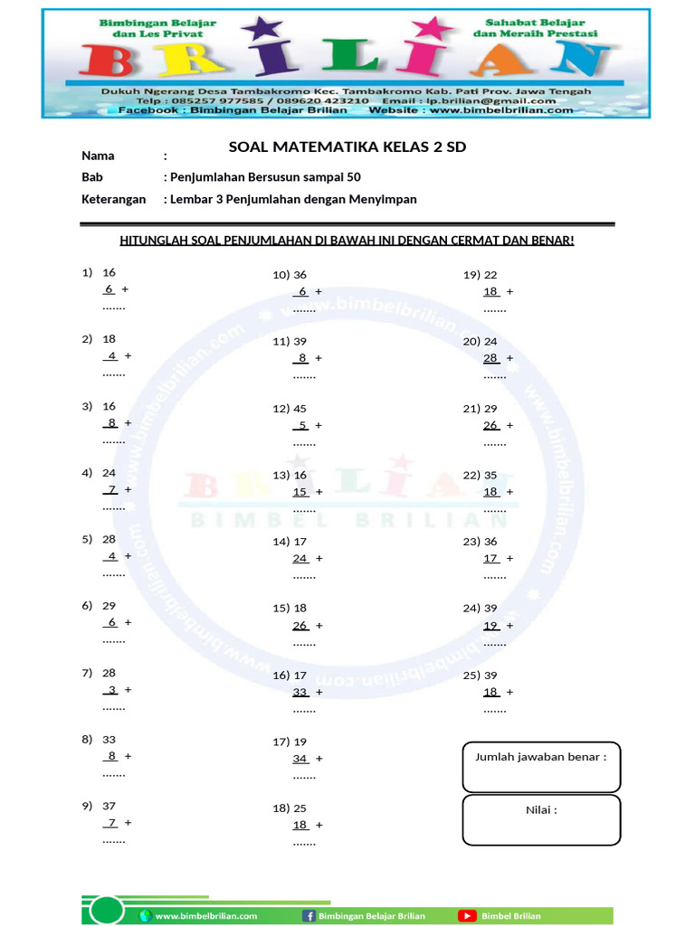 Soal Penjumlahan Bersusun Pendek Lembar 3 - www.bimbelbrilian.com (1) | PDF