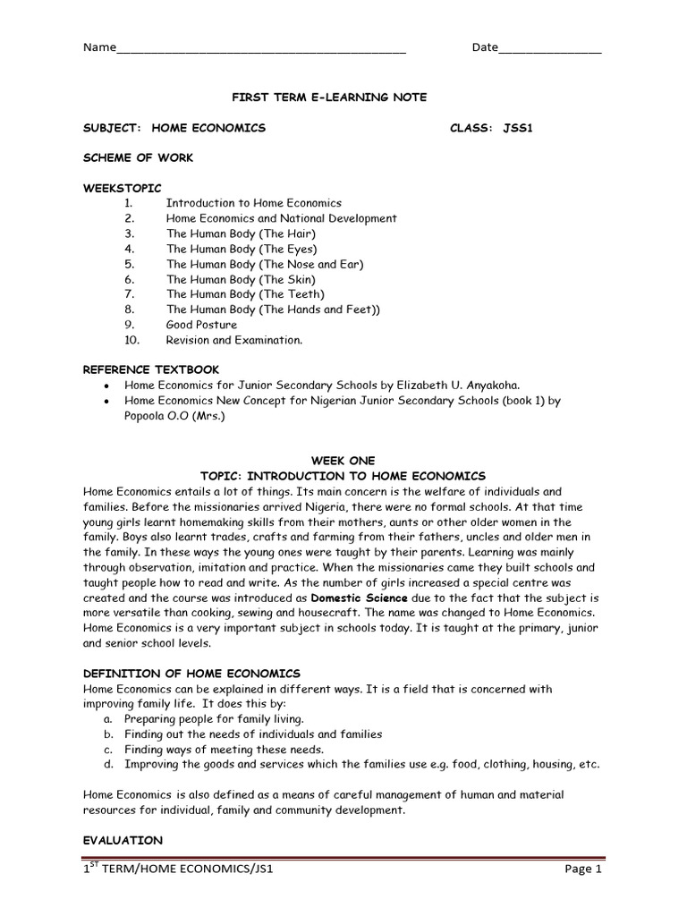 1st Term j1 Home Economics | PDF
