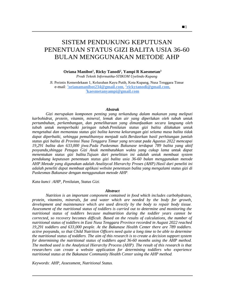 Jurnal SPK PenentuanStatusGiziBalitaDenganMetodeAHP | PDF