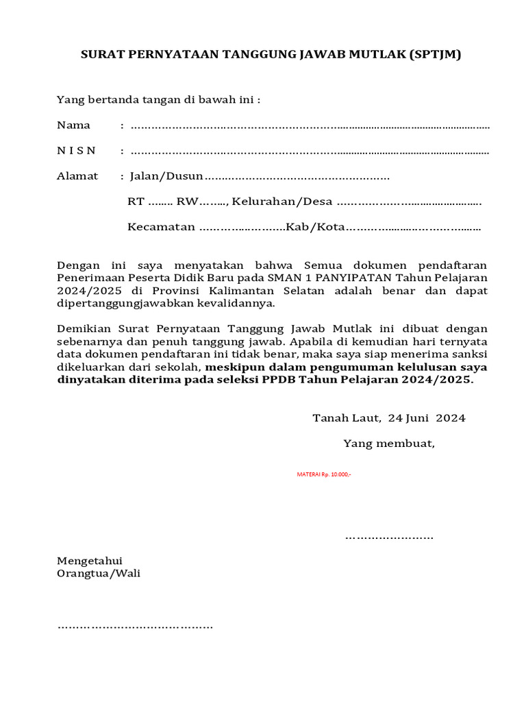 SPTJM (Surat Pernyataan Tanggung Jawab Mutlak | PDF