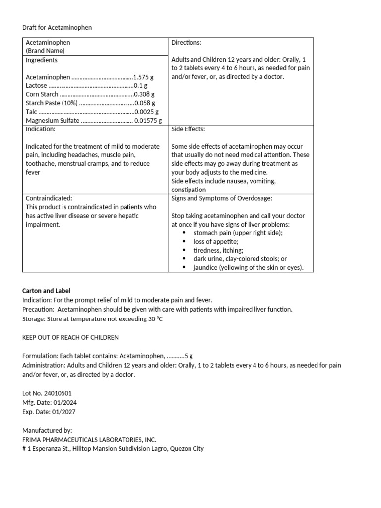 Acetaminophen Dosage and Safety Guide | PDF | Pain | Wellness