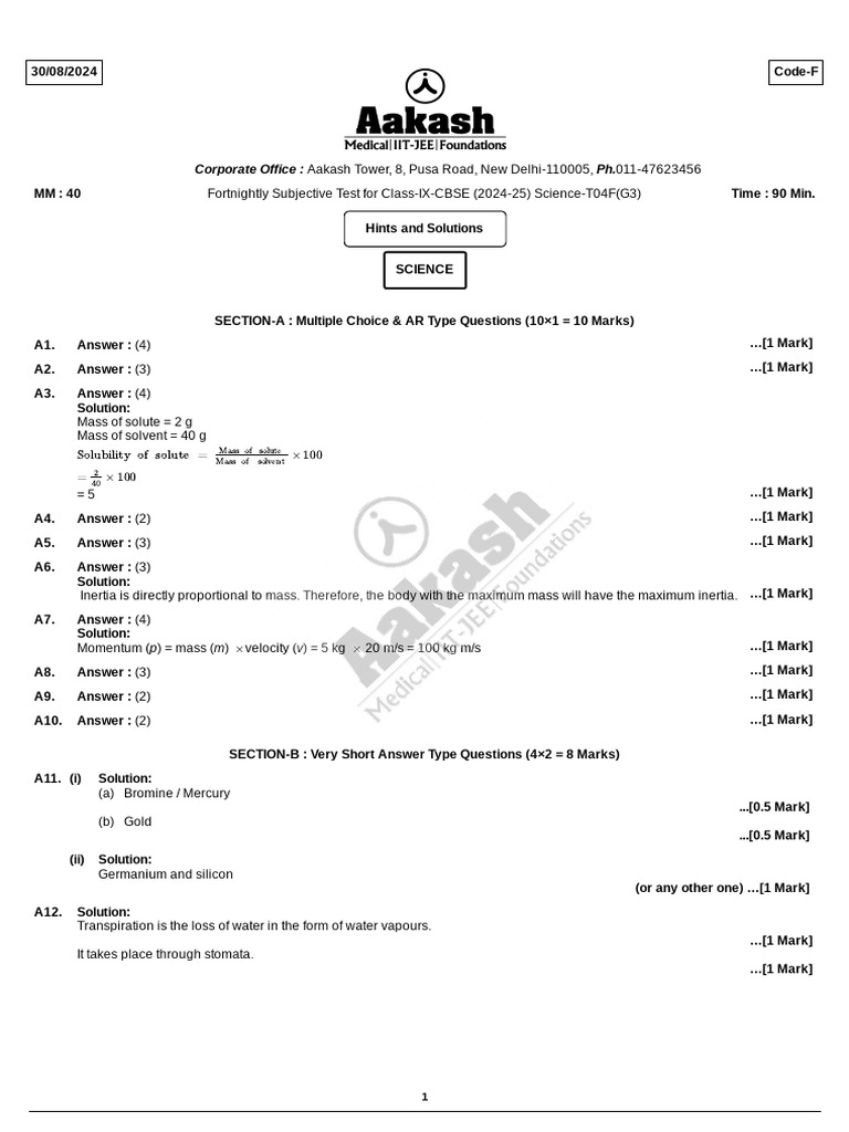 FST-4F (CBSE - G-3) Science (C-09) (30-08-2024) - SOL | PDF