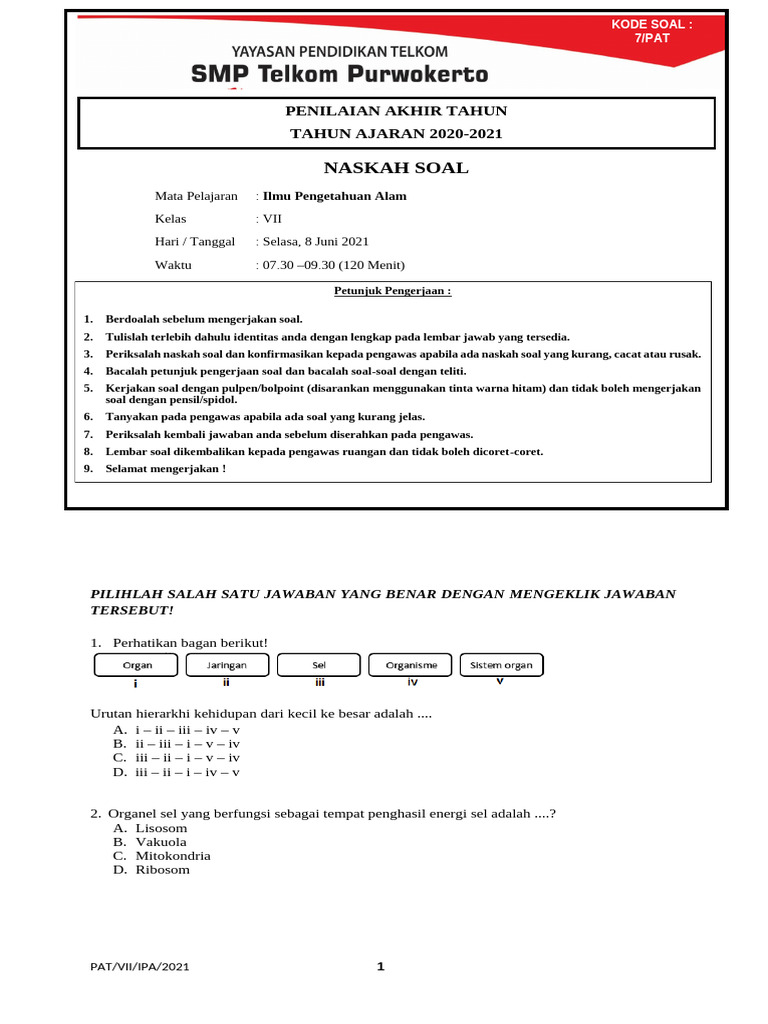 Soal Ipa Pat Kelas 7 SMP Telkom PWT | PDF