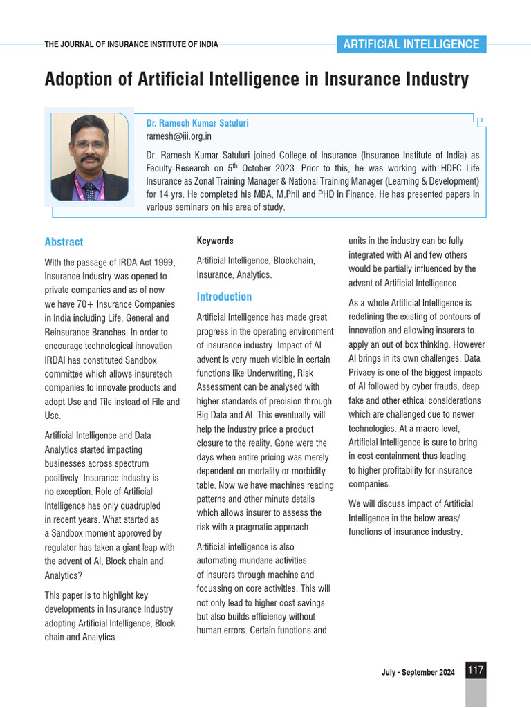 Adoption of Artificial Intelligence in Insurance Industry | PDF ...