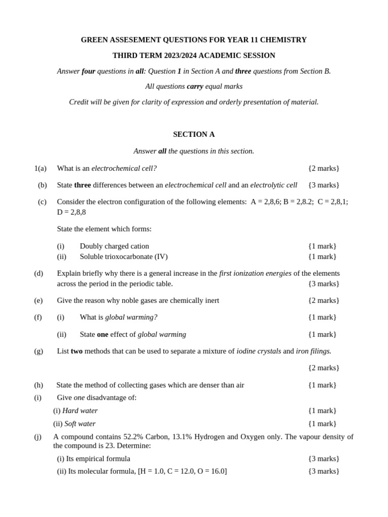Green Assesement Questions For Year 11 Chemistry | PDF