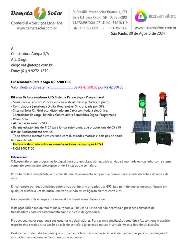 Proposta Comercial Ecosemáforo DS 7200 GPS - Construtora Aterpa - Diego | PDF