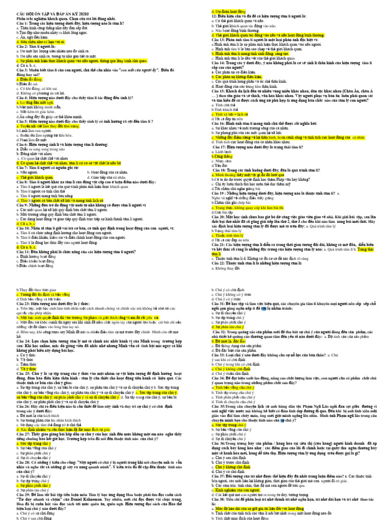 Đáp Án Ôn Thi TLH | PDF