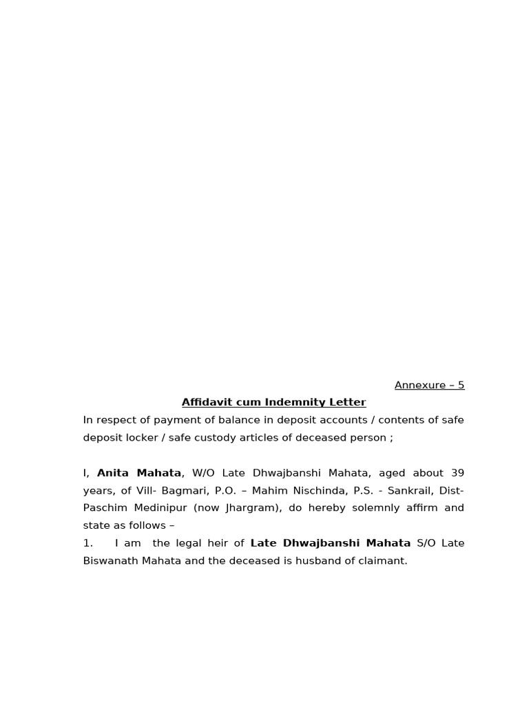 Annexure (5) Heirs - Aff. Ind. Letter - Anita Mahata | PDF