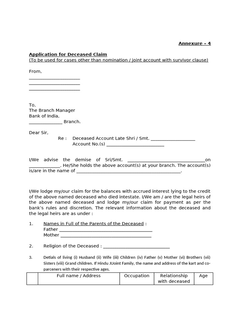 Bank of India (Claim Form) - Annexure - 4 (6.8.17) | PDF