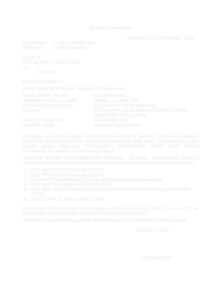 Surat - Lamaran Aldi Saputra | PDF