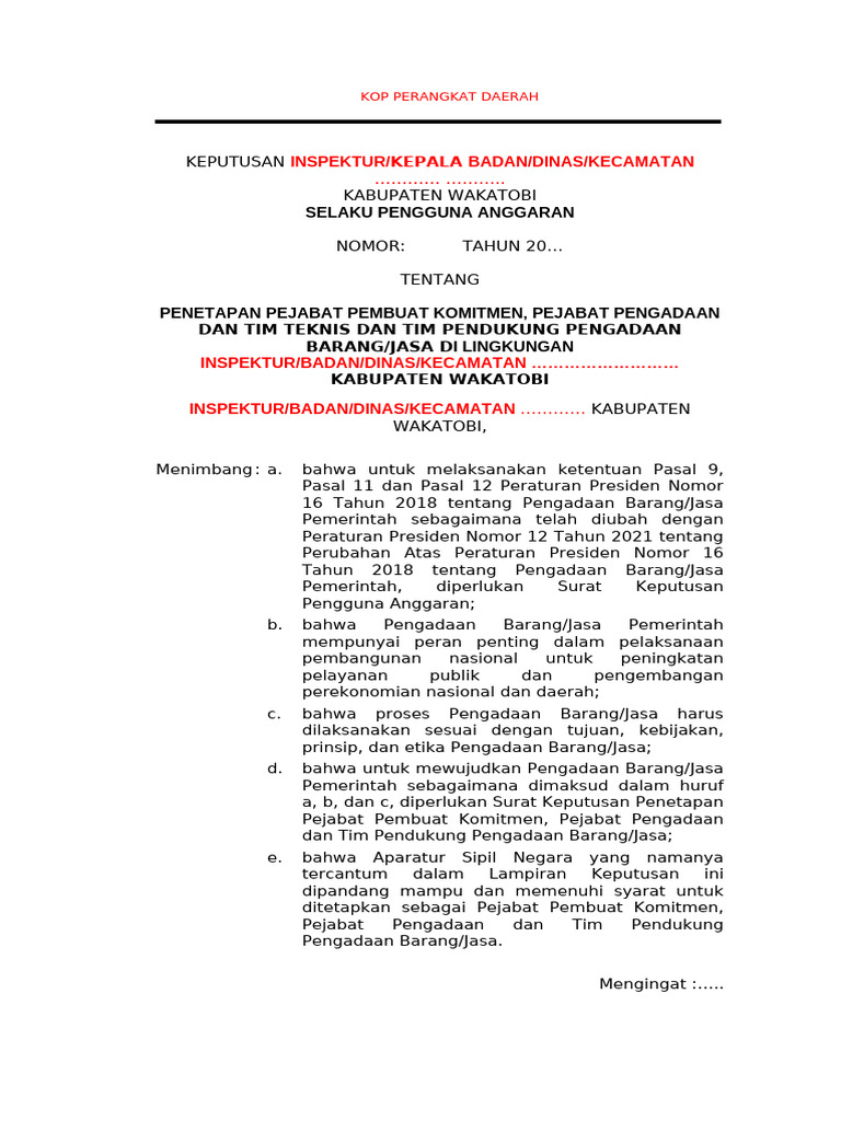 SK - Penunjukan - PPK - Pejabat - Pengadaan - Dan - Tim - Teknis Dan Tim Pendukung - PBJ - OPD | PDF