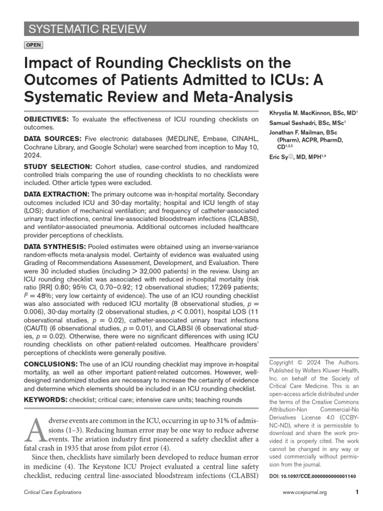 impact of rounding checklists on the outcomes of. | PDF