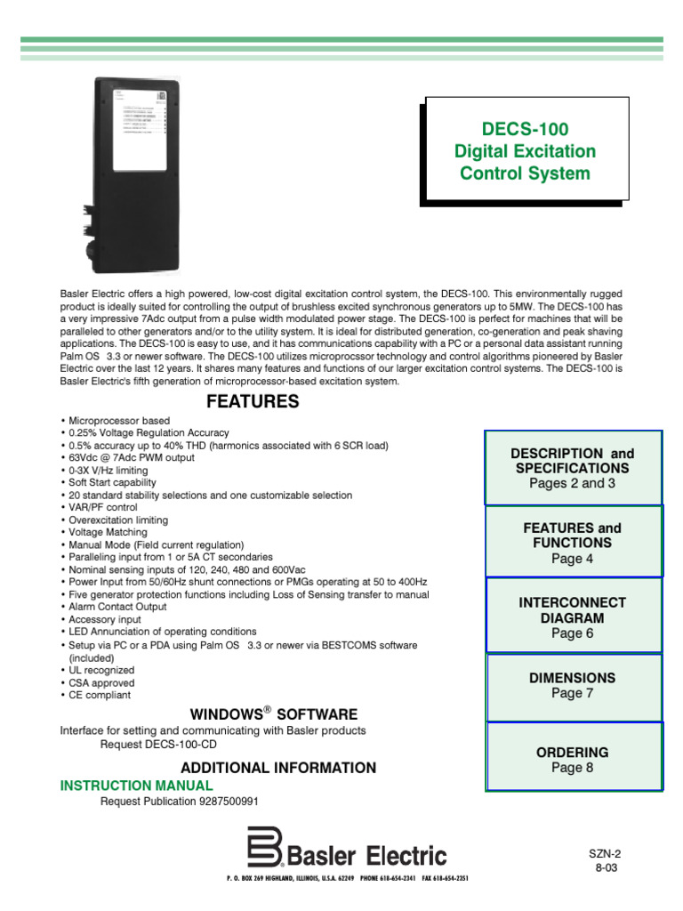 Features: DECS-100 Digital Excitation Control System | PDF