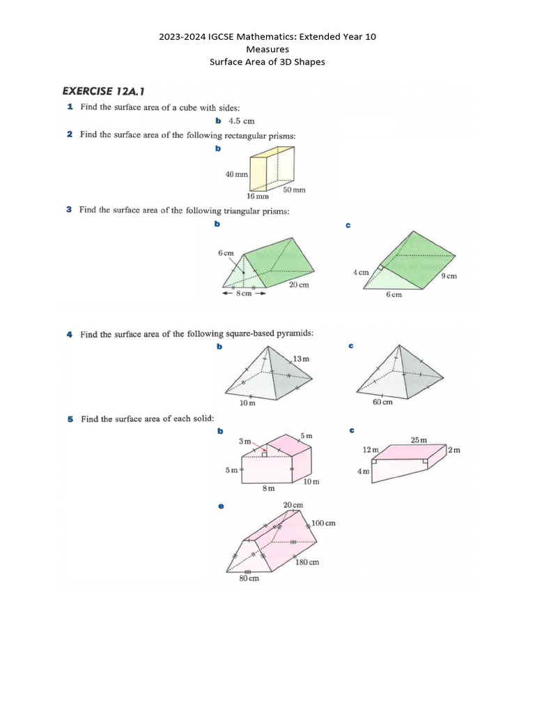 2023 2024 Igcse Mathematics Extended Year 10 Measures Surface Area Of