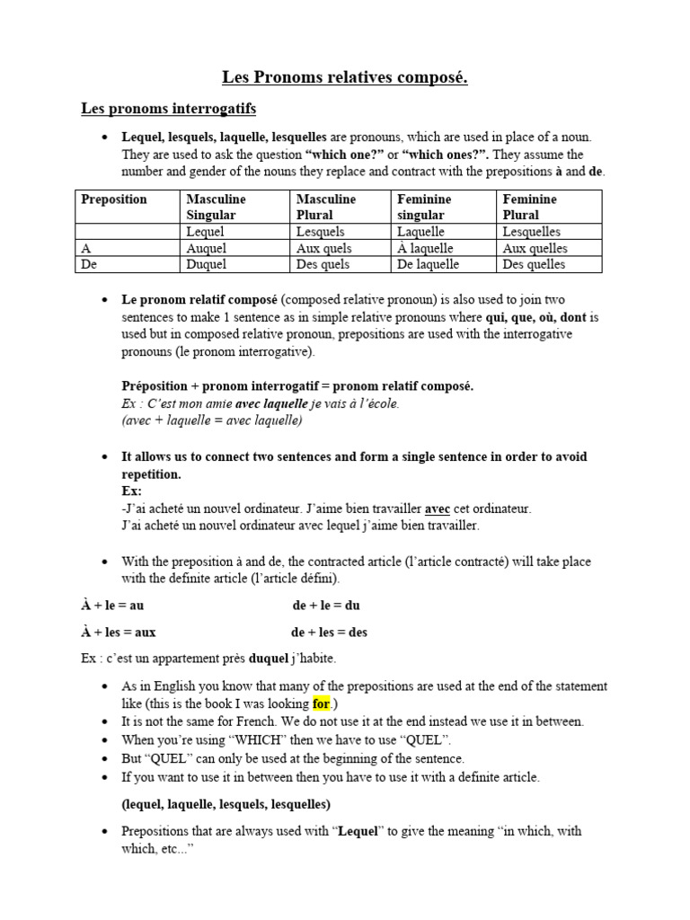 Les Pronoms Relatifs Composé | PDF