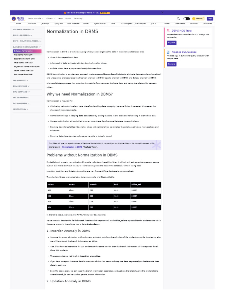 WWW Studytonight Com Dbms Database Normalization PHP | PDF